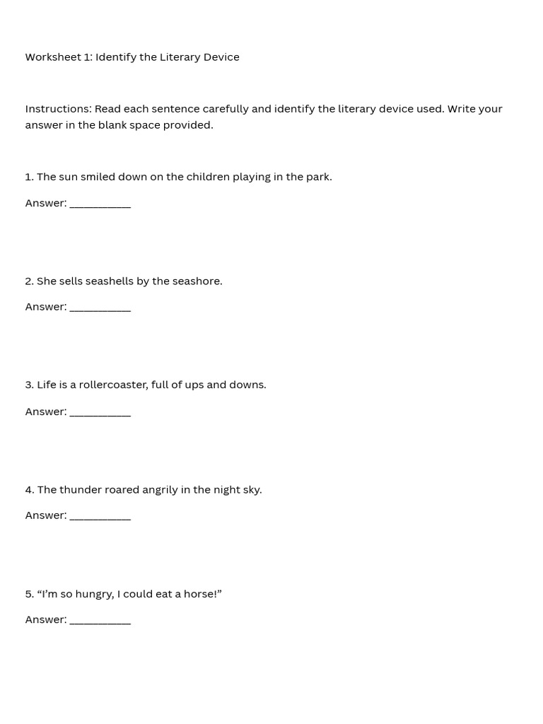 Here are three worksheets based on the literary devices in the uploaded ...