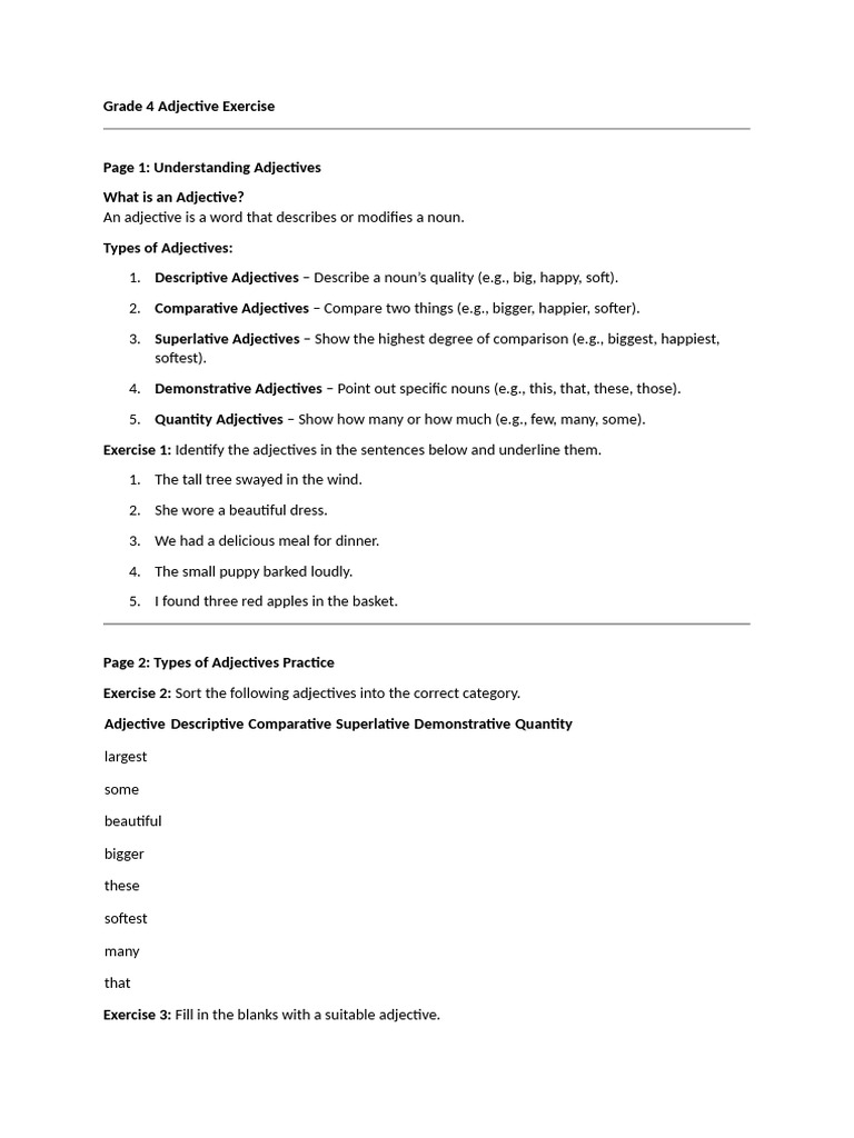 Grade 4 Adjective Exercise | PDF