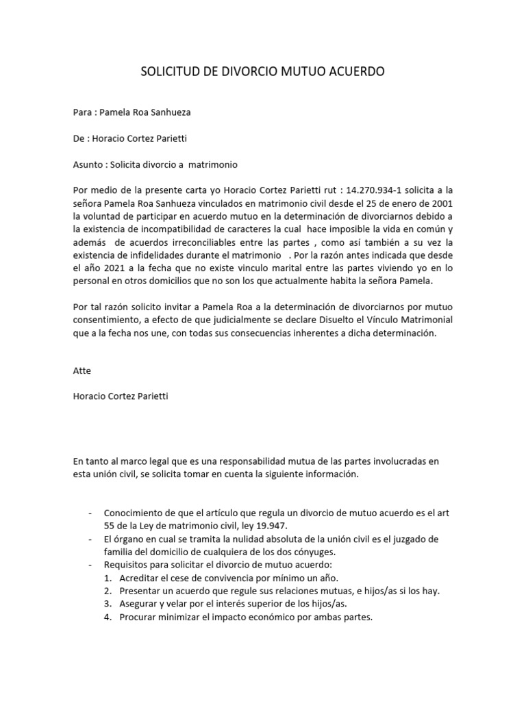 Carta Solicitud de Divorcio Mutuo Acuerdo HC | PDF | Divorcio | Anulación