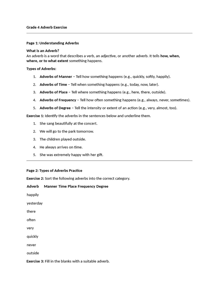 Grade 4 Adverb Exercises and Activities | PDF