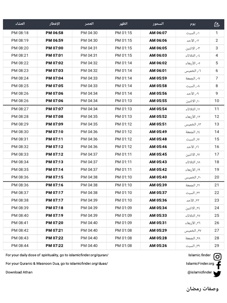 تنزيل تقويم رمضان لعام 2025 _ الباحث الإسلامي وهران, Oran | PDF
