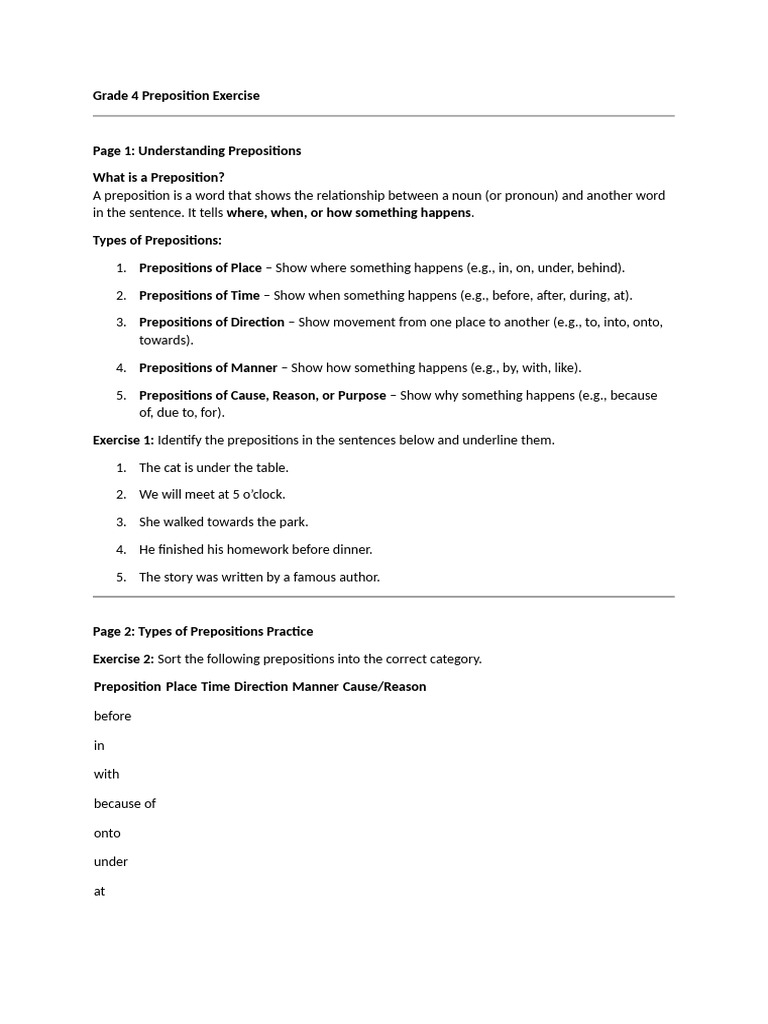 Grade 4 Preposition Exercise | PDF