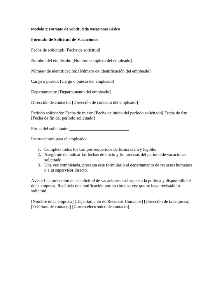 Solicitud de Vacaciones: Formato Básico | PDF
