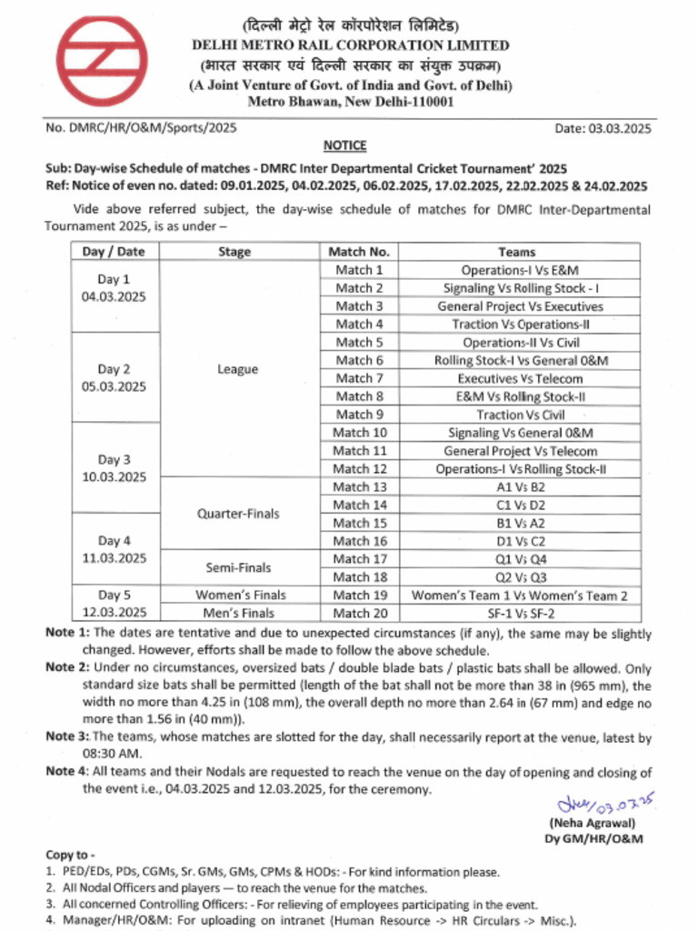Day-wise Schedule of Matches - DMRC Inter Departmental Cricket ...