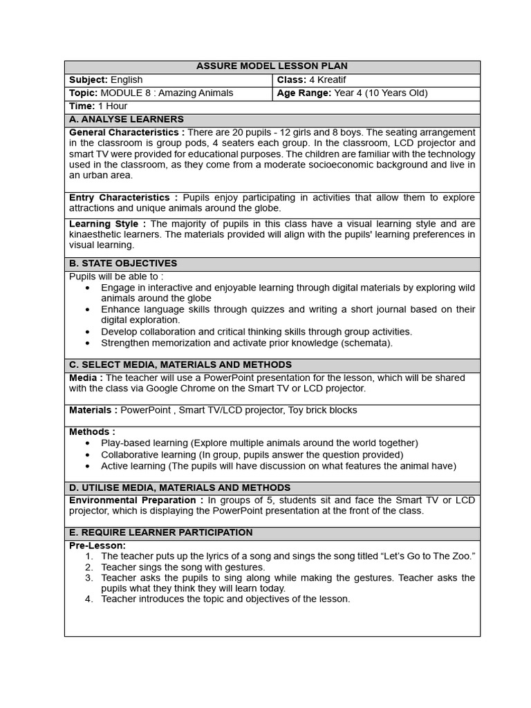 Assure Model and Standard Lesson Plan | PDF | Reading Comprehension ...