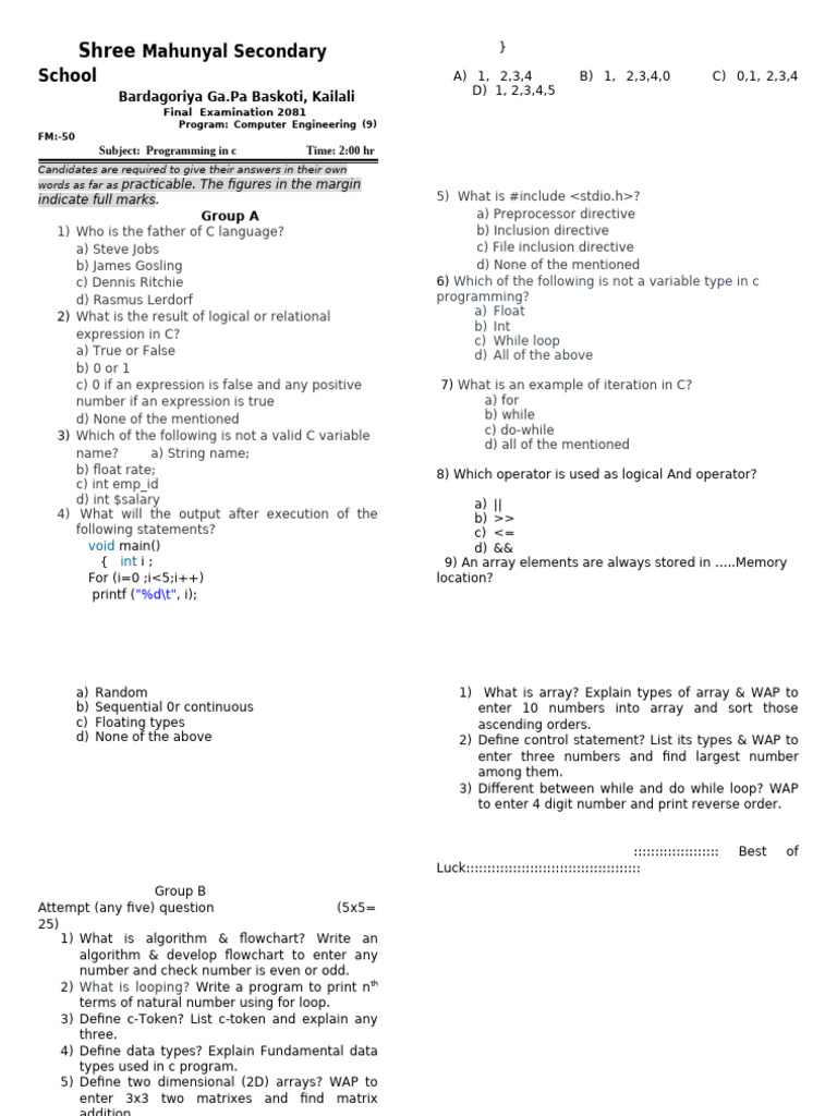 Final Exam 2081 C Programming | PDF | Computer Science | Computer ...