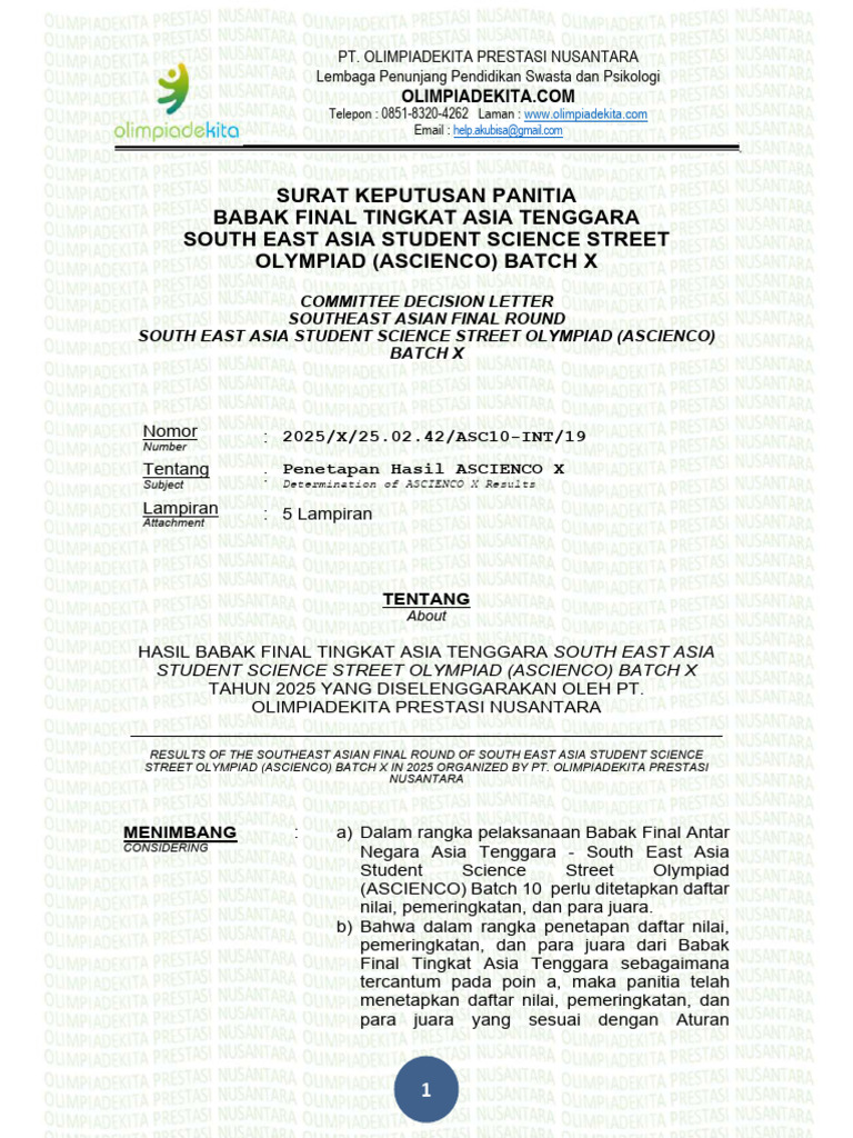 Hasil ASCIENCO X 2025: Juara dan Pemeringkatan | PDF