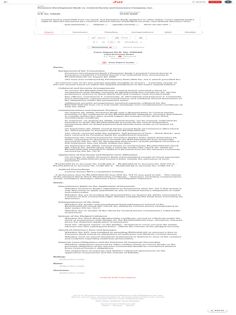 Case Digest G.R. No. 176246 - Premiere Development Bank vs. Central ...
