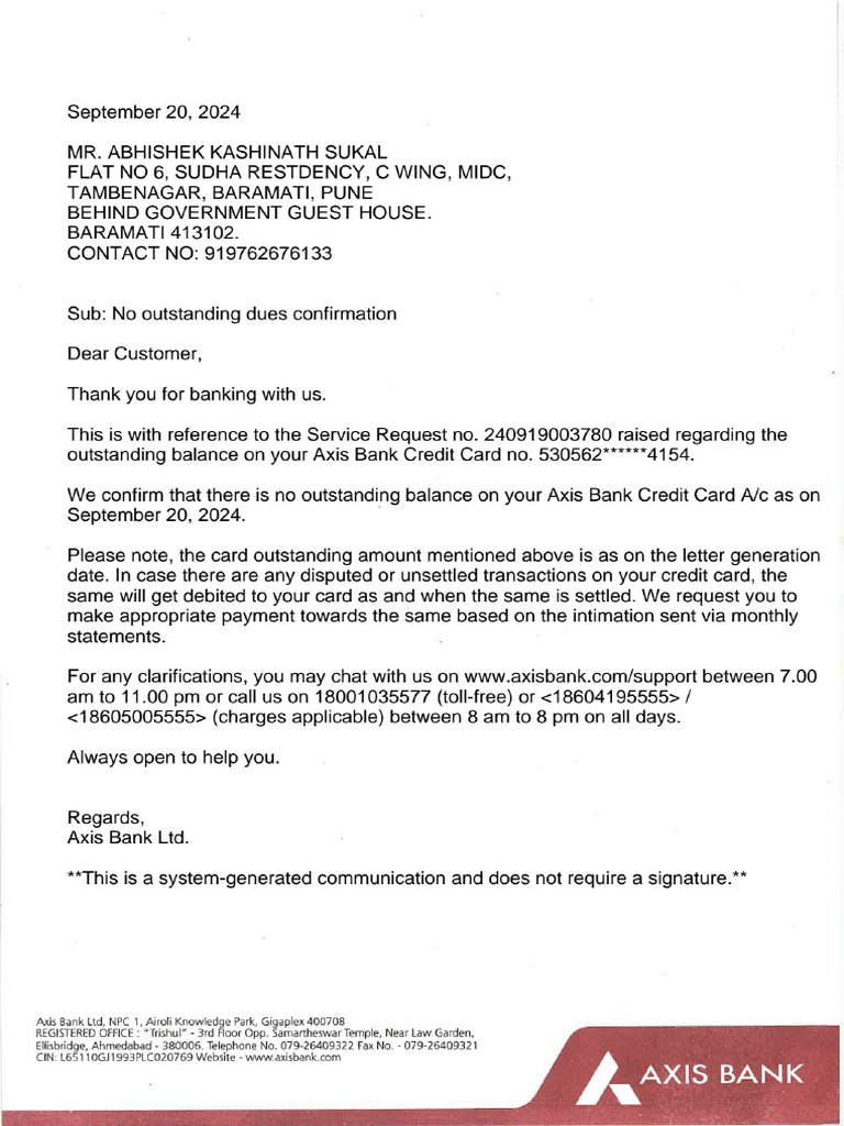 NOC of Credit Card 4154 | PDF