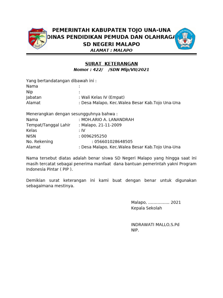 Surat Keterangan Siswa SD Malapo | PDF