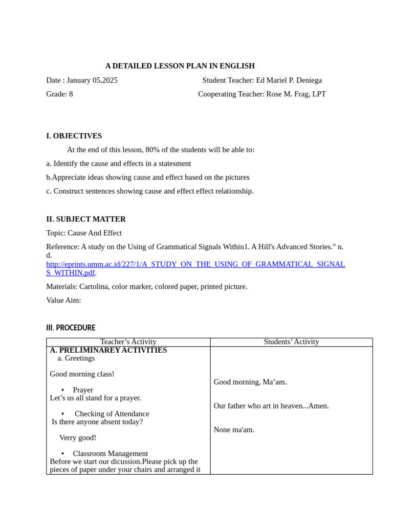 Grade 8 Cause and Effect Lesson Plan | PDF | Lesson Plan | Causality