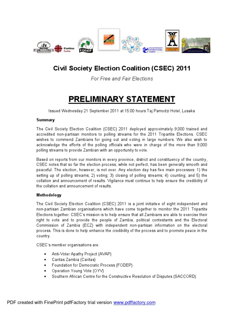CSEC 2011 Preliminary Election Statement | PDF | Zambia | Elections