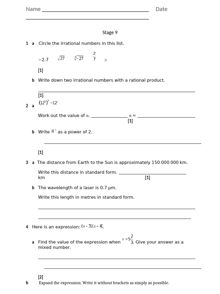 Year 9 CHECKPOINT EXERCISE | PDF