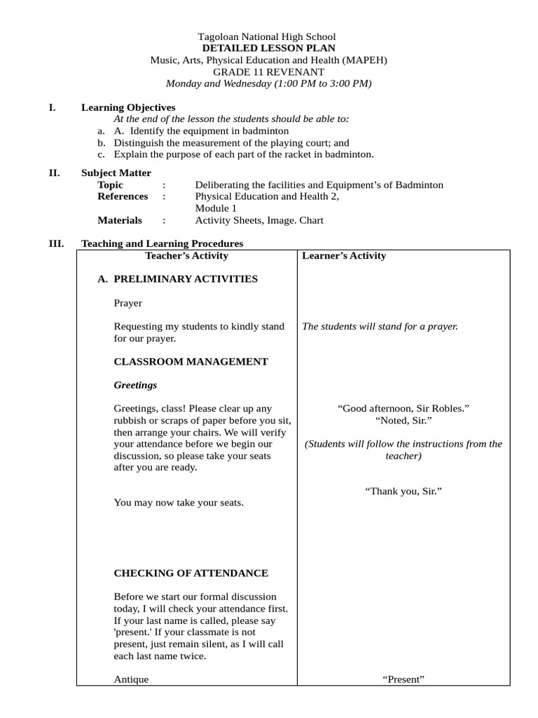 Grade 11 Badminton Lesson Plan | PDF | Lesson Plan | Learning