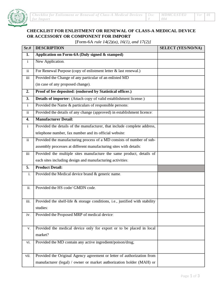 Checklist For Enlistment or Renewal of Class A Medical Devices For Import | PDF | Medical Device