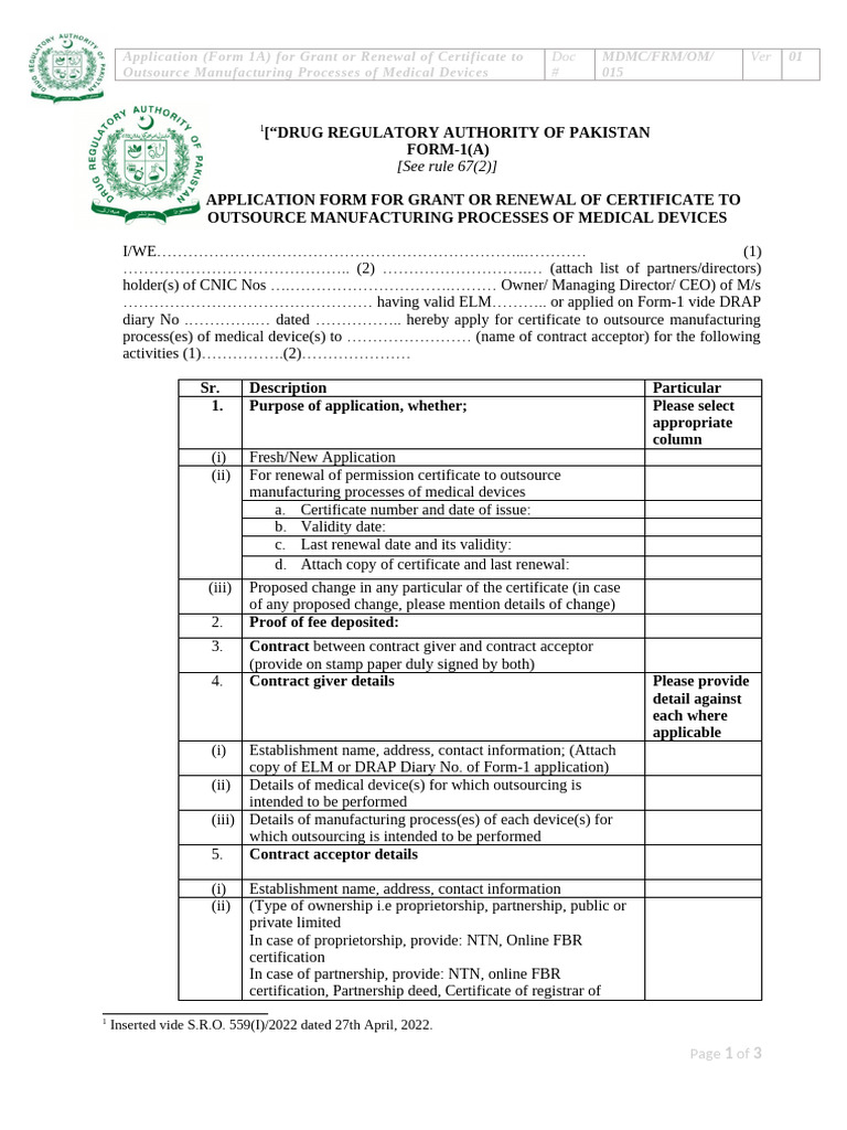 Application Form 1A For Grant or Renewal of Certificate To Outsource Manufacturing Processes of ...