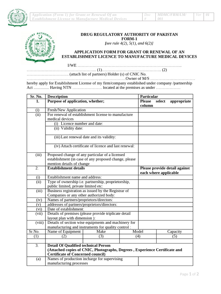Establishment License Application for Medical Devices | PDF