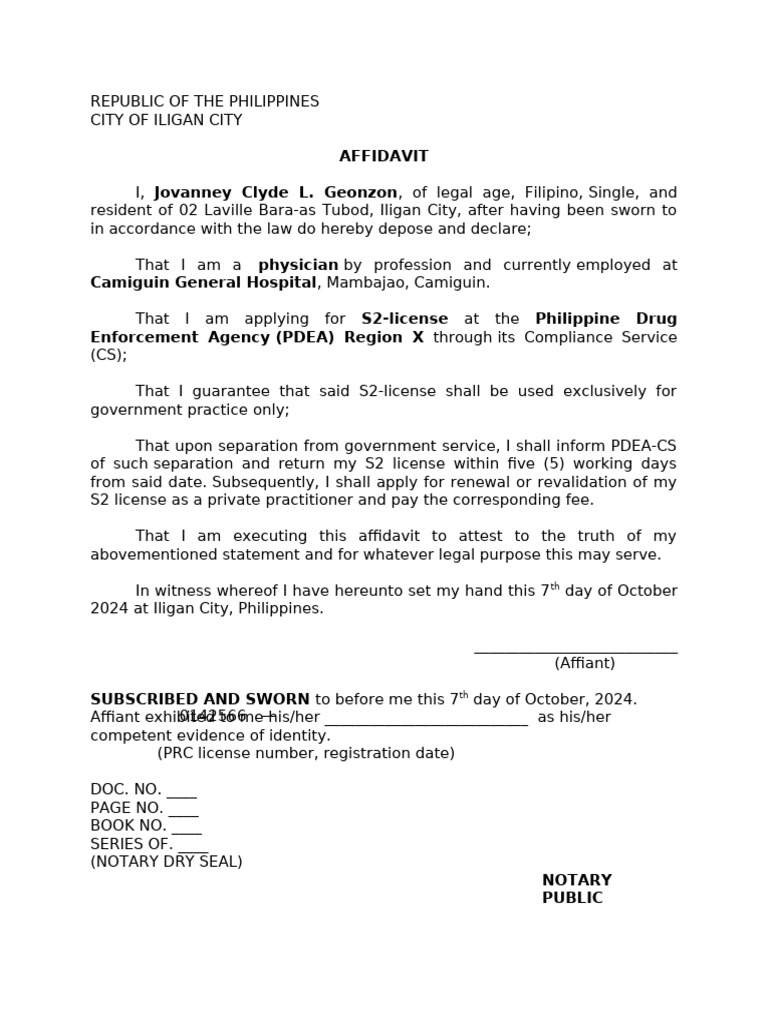 s2 License Affidavit Sworn Statement | PDF