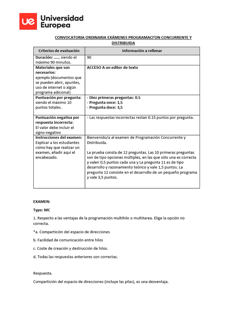Programación Concurrente y Distribuida RESPUESTAS ALUMNOS | PDF | Hilo (Computación) | Unidad ...
