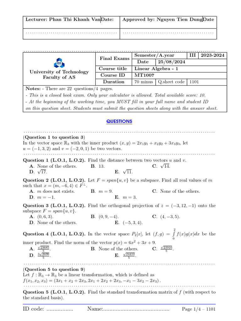 Final Alg 233 | PDF | Eigenvalues And Eigenvectors | Linear Subspace