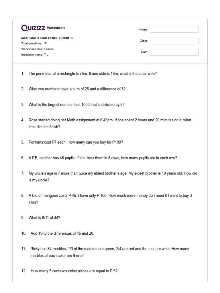 Grade 3 Math Challenge Worksheets | PDF