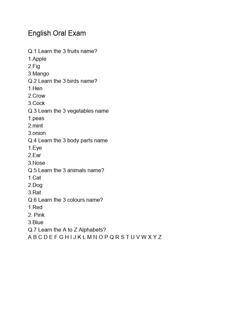 English Oral Exam Vocabulary Guide | PDF