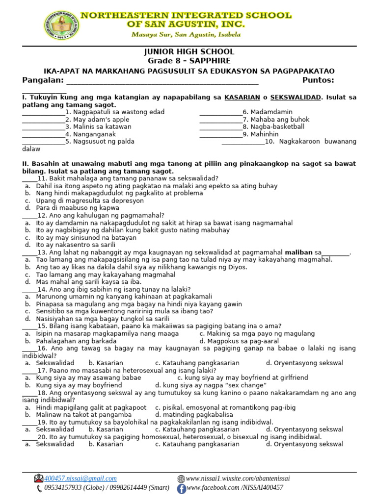 Ika - 4 Markahang Pagsusulit - EsP G8 | PDF
