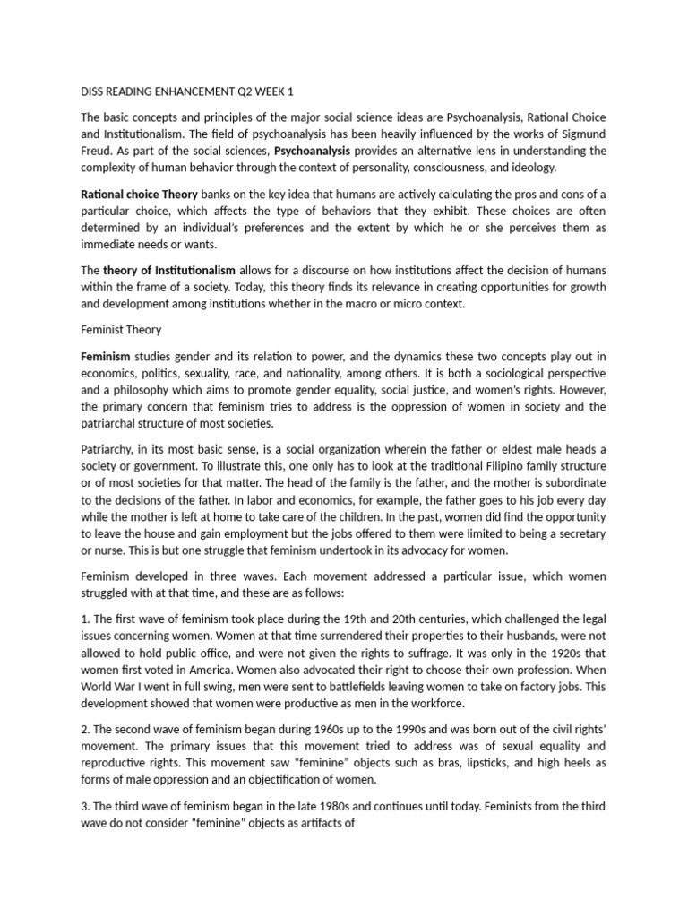 Diss Reading Enhancement Q2 Week 1 | PDF | Feminism | Gender Studies
