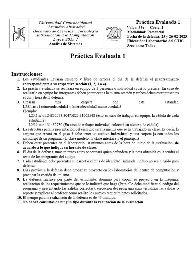 250206) Enunciados y Condiciones Práctica Evaluada 1 Análisis de Sistemas | PDF