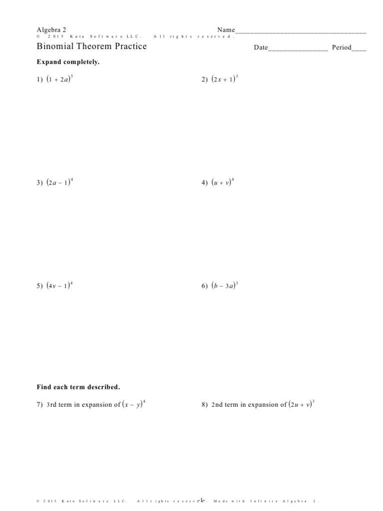Binomial Theorem Practice Worksheet | PDF | Algebra | Abstract Algebra