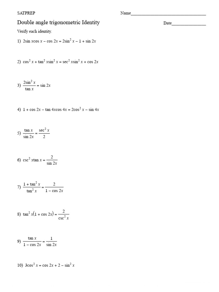Double Angle Trigonometric Identityproof 10problems | PDF ...