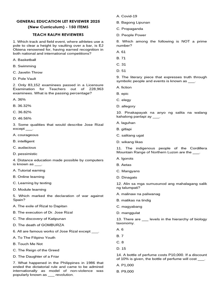 1 General Education Let Reviewer 2025 | PDF | Ecology | Heredity
