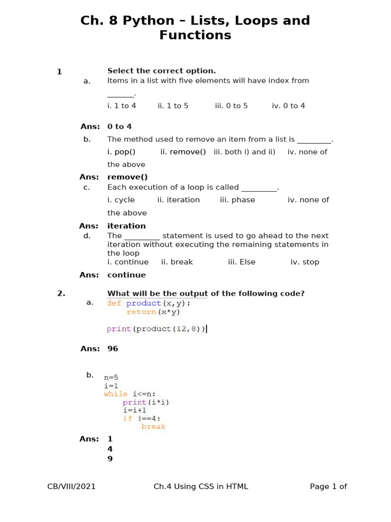 Textbook - Answers - VIII - Computer Studies - Python - Lists, Loops and Functions | PDF ...