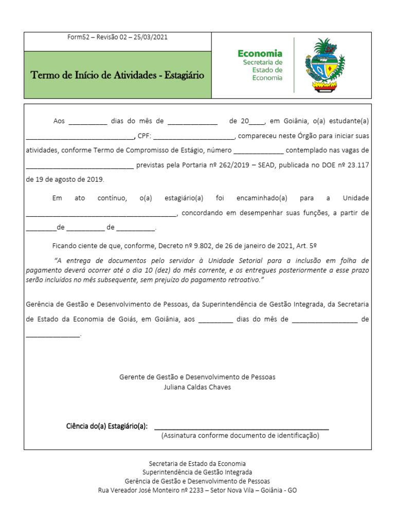 Form 52 Termo de Efetivo de Exercício Estagiário | PDF