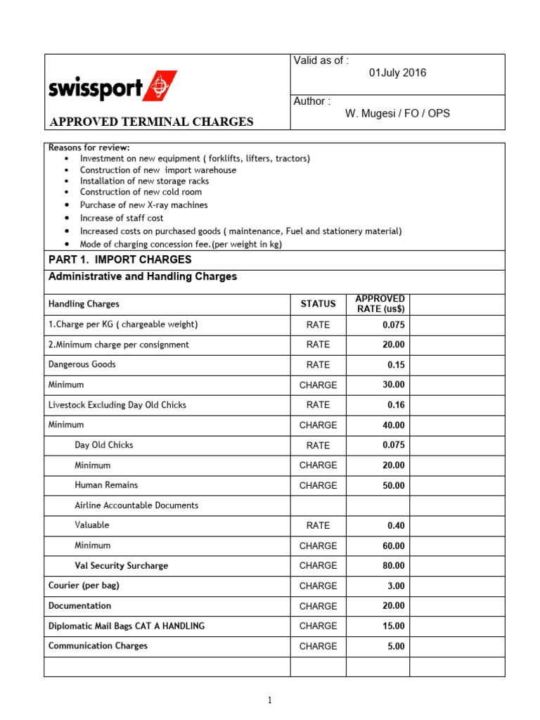 Terminal Charges 01july2016 - 1 | PDF | Cargo | Fee