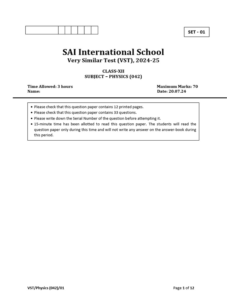 VST 12 Physics QP 2024 25 | PDF | Photoelectric Effect | Electron