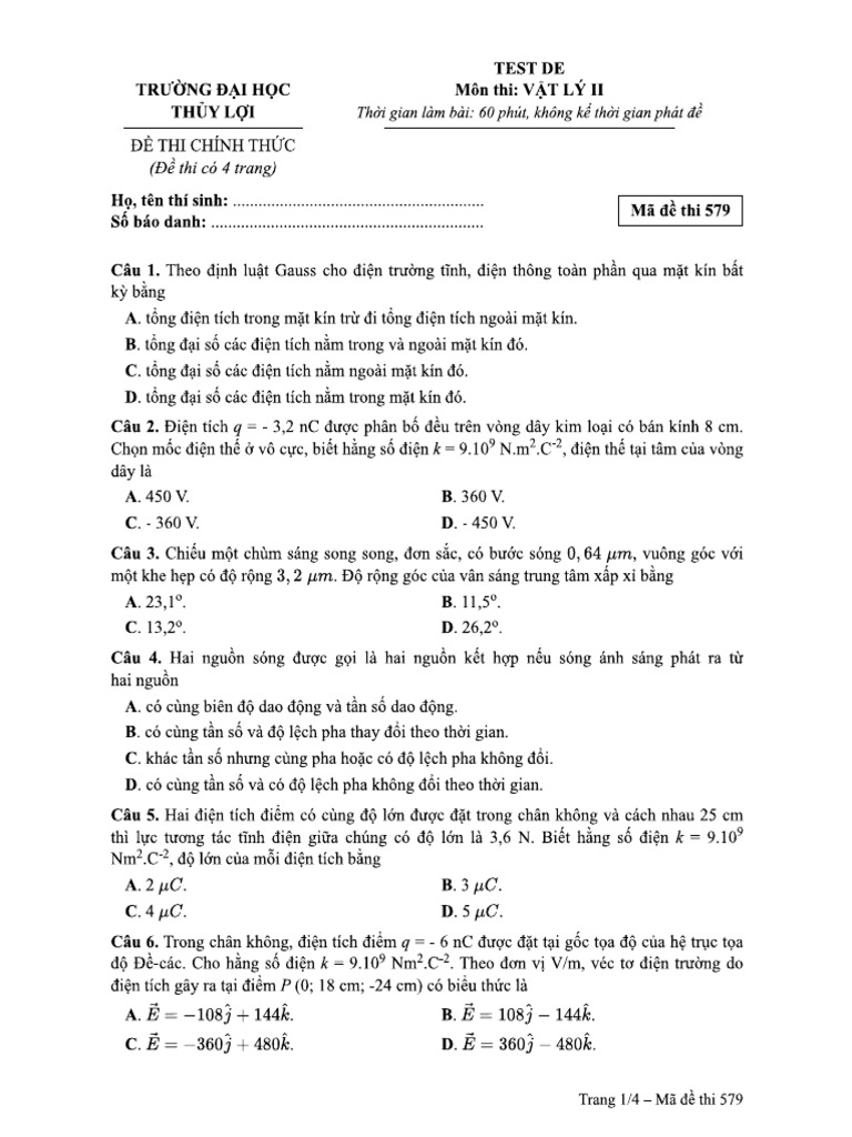 Test de - Vat Ly 2 - HKH - 23 - 24 | PDF