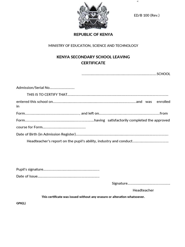 Kenya Secondary School Leaving Certificate | PDF