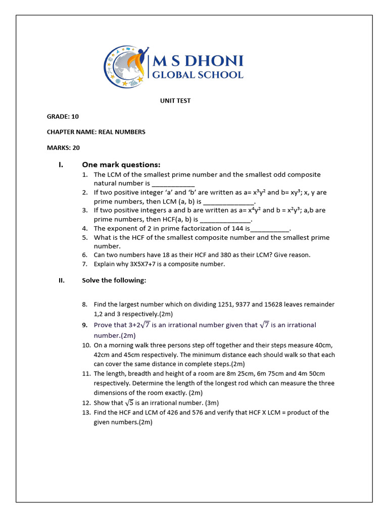 Grade 10 Real Numbers Unit Test | PDF