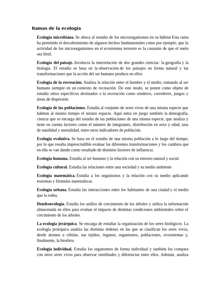 Ramas de la Ecología: Tipos y Estudios | PDF | Ecología | Ecosistema