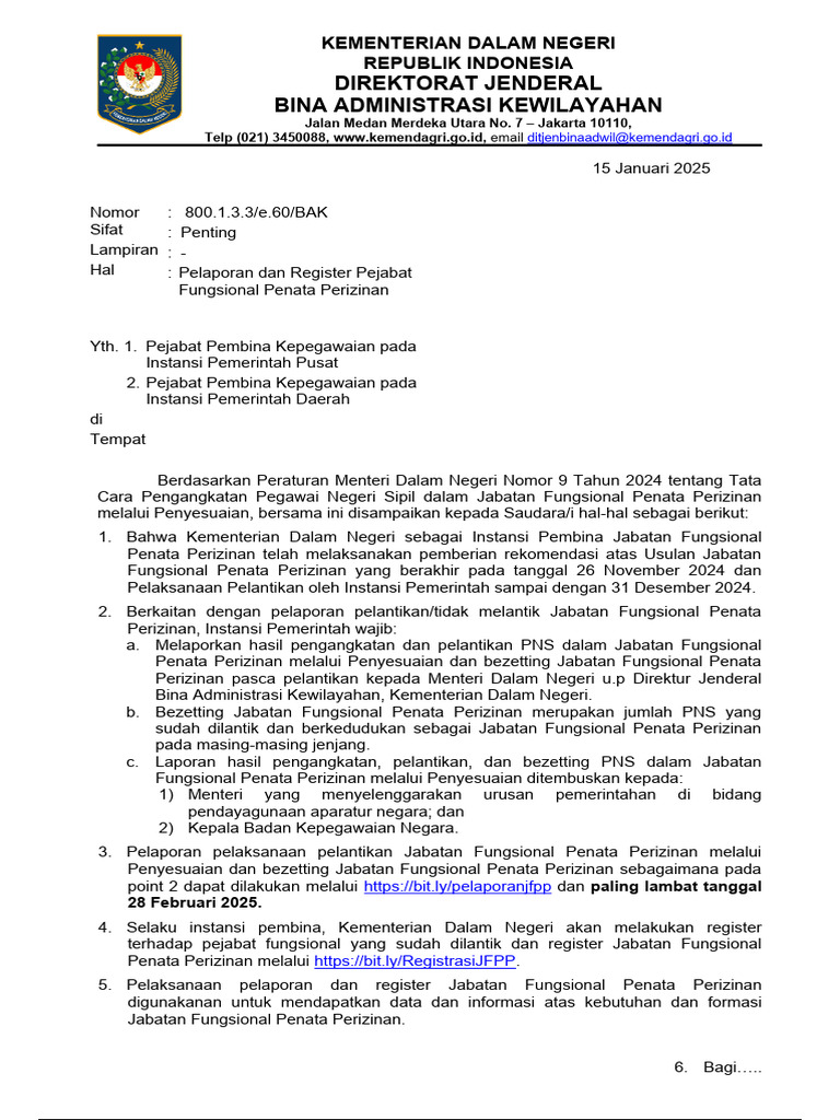 Surat Dirjen Bina Adwil KPD Gub Bup Wal TTG Pelaporan Dan Register JFPP ...