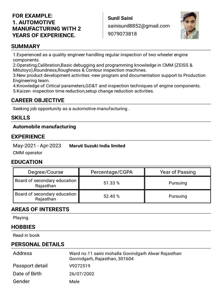 Resume Sunil Saini Format1 | PDF