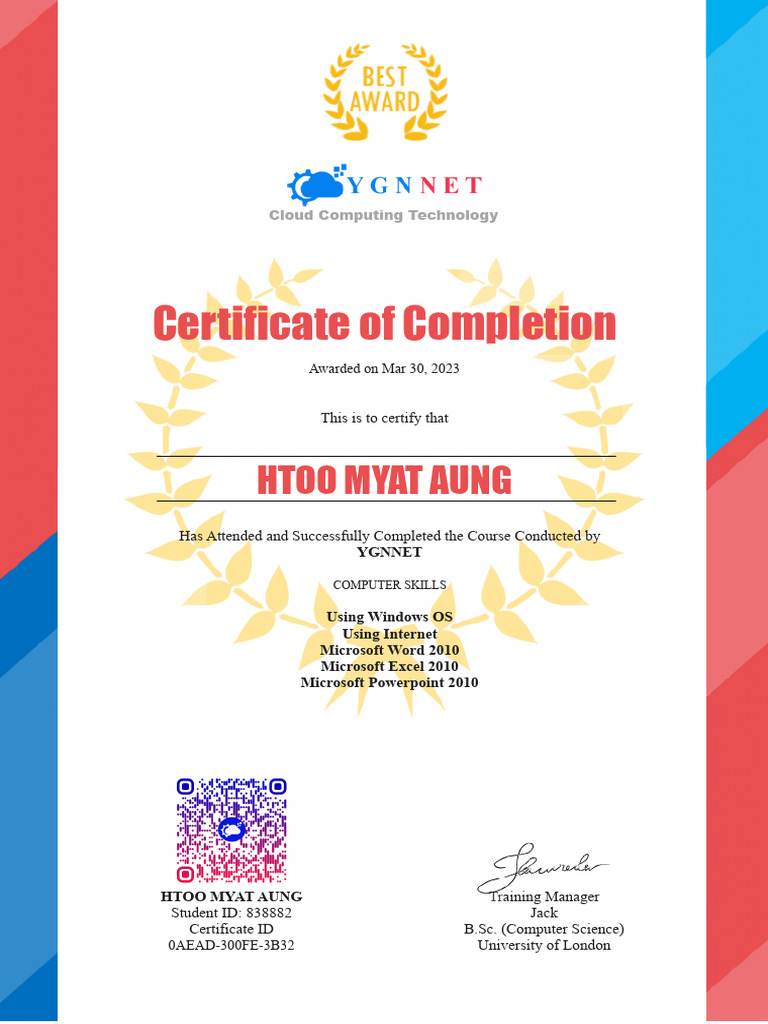 Certificate of Completion: Htoo Myat Aung | PDF
