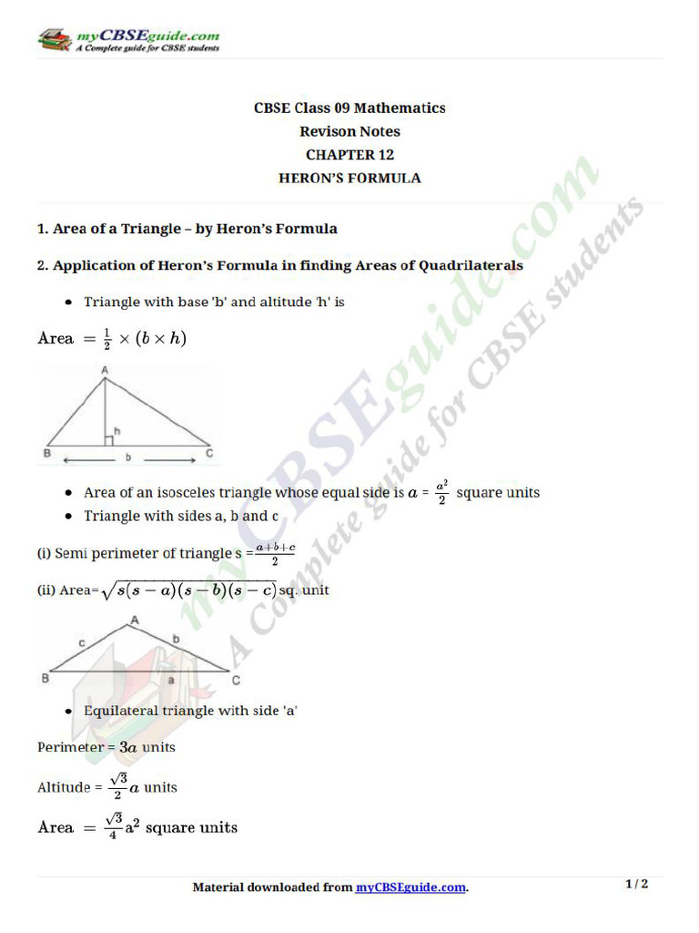 09 Maths Key Notes Ch 12 Herons Formula | PDF