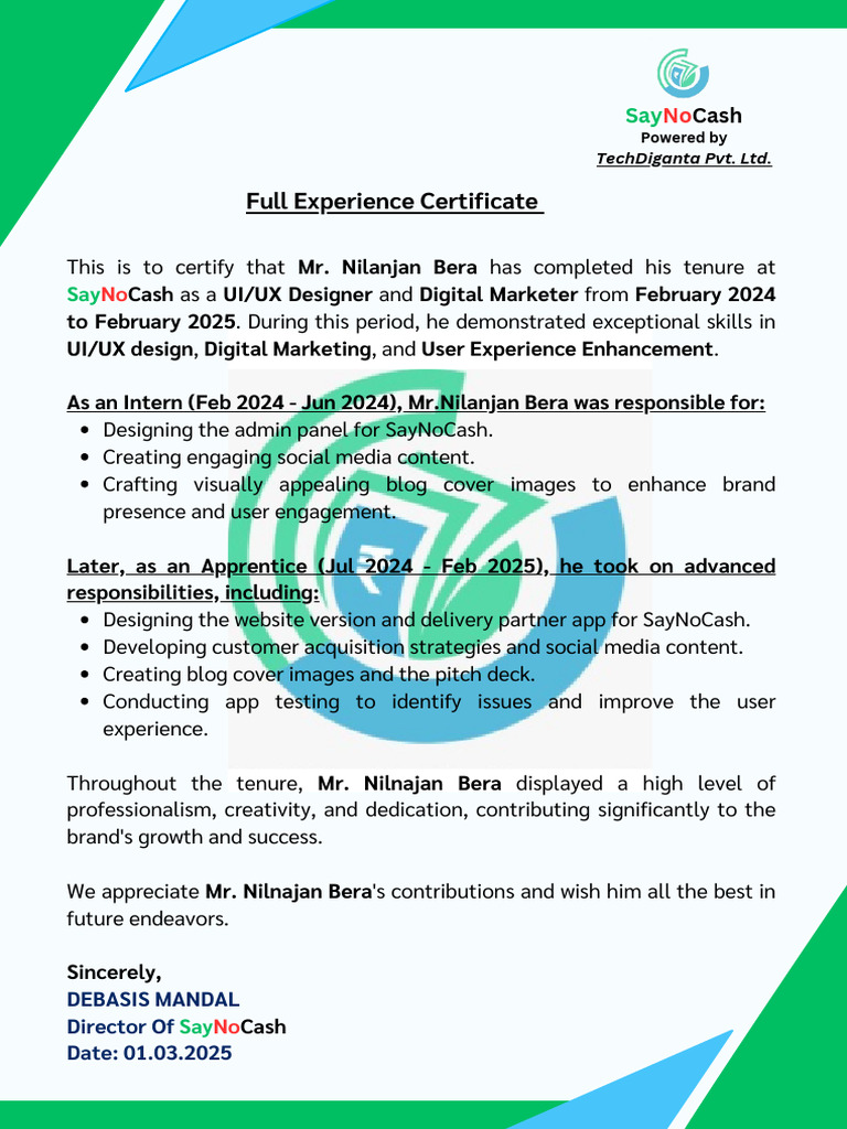 Experience Certificate for UI/UX Designer | PDF