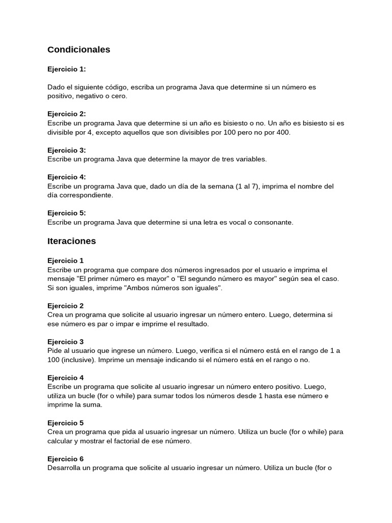 Ejercicios de Java: Condicionales e Iteraciones | PDF