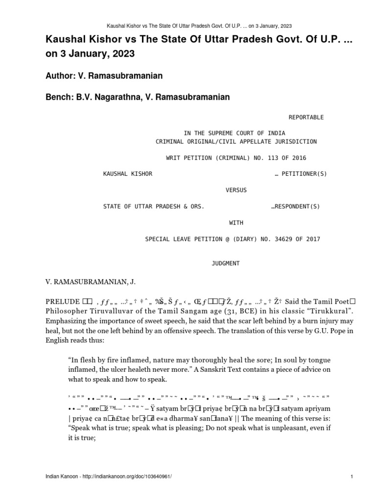 Kaushal Kishor vs the State of Uttar Pradesh Govt of U P on 3 January 2023 | PDF | Defamation ...