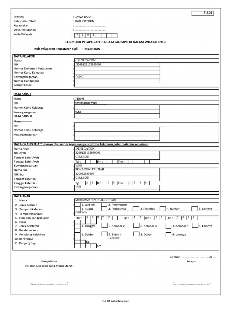 Formulir Pencatatan Sipil F-2.01 | PDF