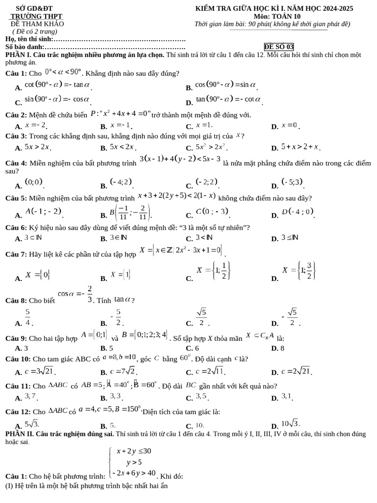 TOÁN ĐỀ 3 GK1 | PDF