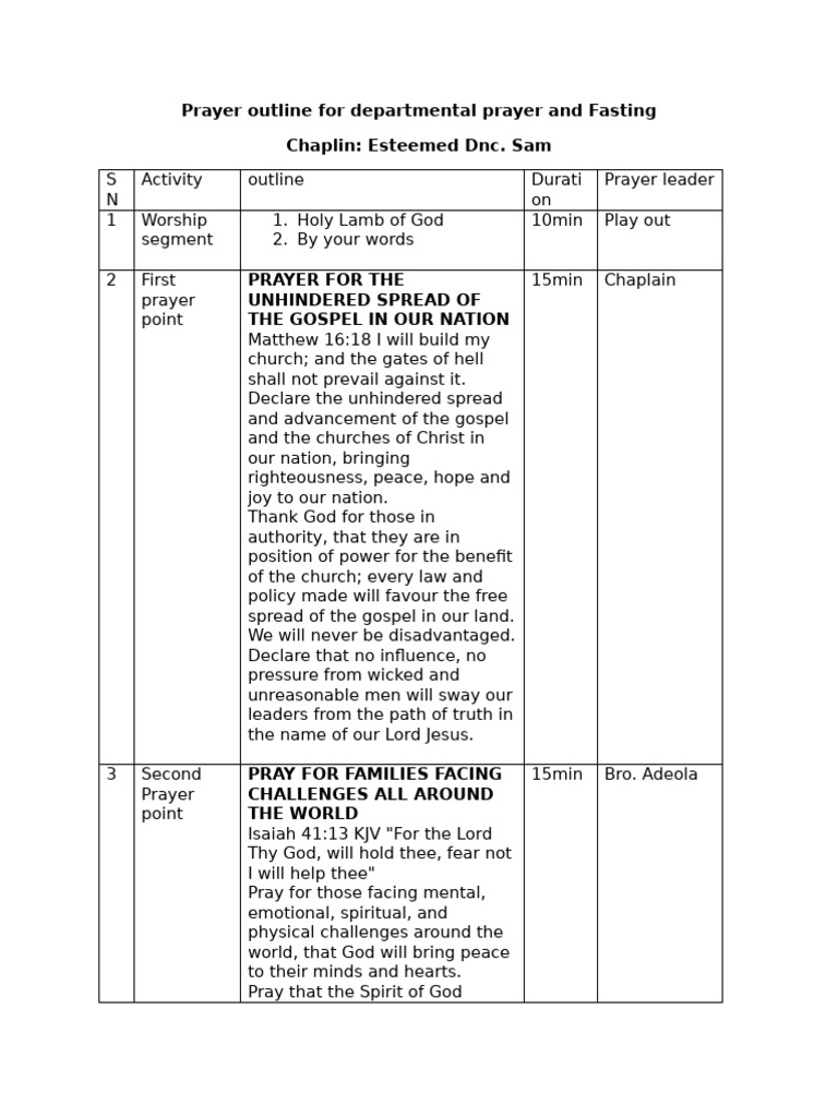 Wednesday Prayer Outline For Departmental Prayer and Fasting | PDF ...
